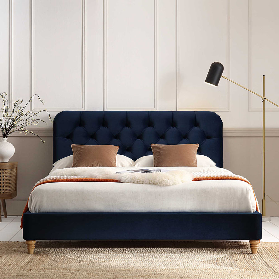 Leamington Deep-Buttoned Upholstered Bed, Midnight Blue Velvet | daals.com