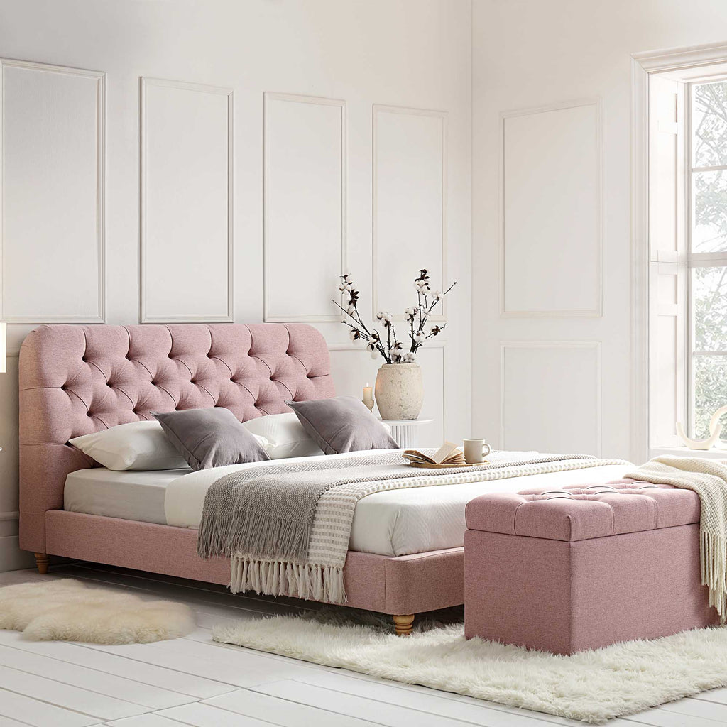 Leamington Deep-Buttoned Upholstered Bed, Rosewater Pink Fabric | daals.com